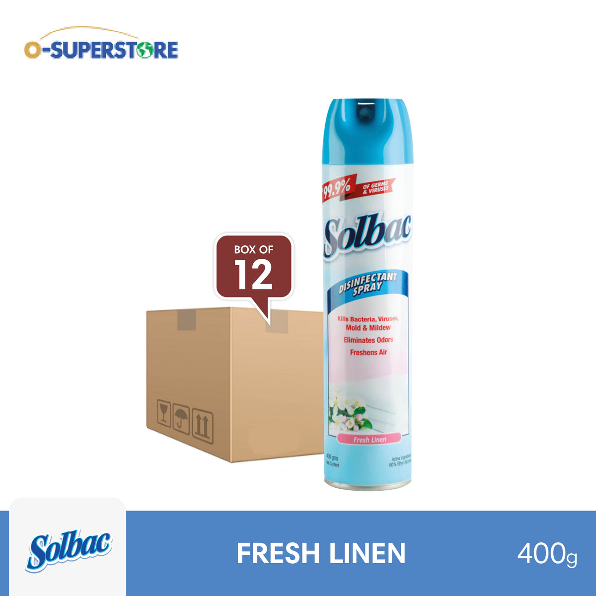 Solbac Disinfectant Spray - Fresh Linen 400g x 12 - Case — O-SUPERSTORE